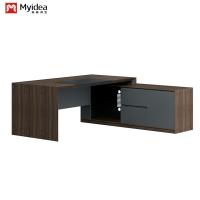 China Dark L-Shaped Executive Office Desk with Storage Cabinet 450lb Load Capacity E0 Grade Particle Board for sale