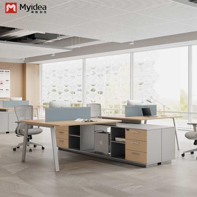 China Two Person Office Desk Steel Foot 450lb Capacity E0 Grade Particle Board for sale