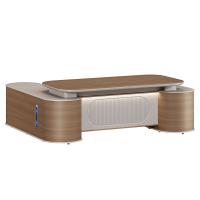 China PVC Coated Curved Desktop Boss Desk with Voice Controlled Ambient Light 450lb Capacity for sale