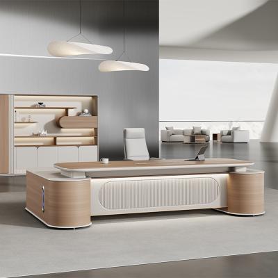 China PVC Coated Curved Desktop Boss Desk with Voice Controlled Ambient Light 450lb Capacity for sale