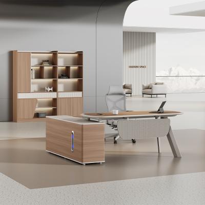 China Ergonomic PVC Coated Curved Top Business Desk with Smart Voice Control Ambient Lighting 450lb Capacity for sale