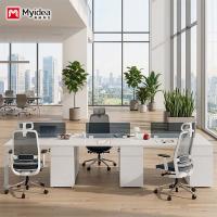 China Commercial-Grade Staff Workstation – Opposing Desks with Glass Screen, Steel Frame, and Storage Compartments – Ideal for Corporate Offices. for sale