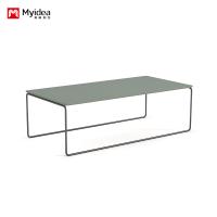 China Commercial-Grade Powder-Coated Coffee Table Muted Cyan Wood Top Metal Legs Contemporary Design for Office Apartment Entryway for sale