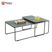 China Commercial-Grade Powder-Coated Coffee Table Muted Cyan Wood Top Metal Legs Contemporary Design for Office Apartment Entryway for sale