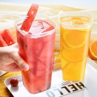 China Frosted 32oz Disposable Bubble Tea Cups With Lids Square Hard Plastic Cups for sale