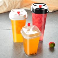 China Frosted 32oz Disposable Bubble Tea Cups With Lids Square Hard Plastic Cups for sale
