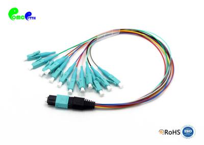 China OM3 12F MPO Trunk Cable  50 / 125μm MPO Male to LC UPC Fanout 0.9mm LSZH 0.3M Senko Low Insertion Loss for sale