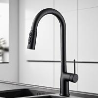 China Pull Down Button Kitchen Faucet Black Brass One Handed Handle for sale