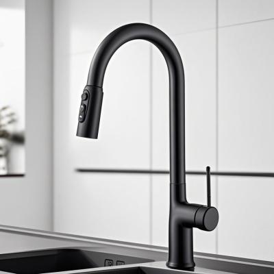 China Pull Down Button Kitchen Faucet Black Brass One Handed Handle for sale
