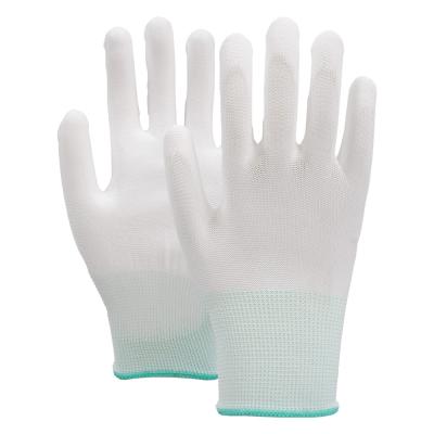 China 13 Gauge Lightweight Polyester Durable White PU Coated Work Gloves For Assembly Handling for sale