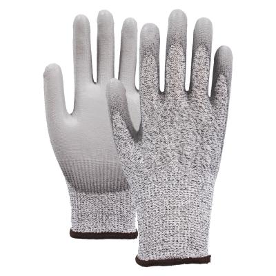 China 13 Gauge PU Coated Cut Resistant Work Gloves EN388 4X42D Seamless Knit HPPE Steel Wire for sale