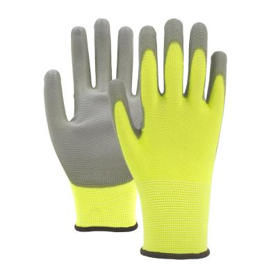 China 13 Gauge Polyester PU Coated Palm Gloves Anti Slip Abrasion Resistant Lightweight Garden Safety Gloves Size 10 XL for sale