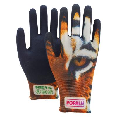 China Popalm Unisex Animal Print Garden Gloves 15 Gauge Latex Palm Coated Work Gloves for sale
