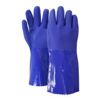 China Blue PVC Chemical Resistant Gloves 35cm Sandy Finish Cotton Liner Size 10 for sale