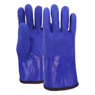 China 30cm PVC Chemical Proof Gloves Blue Sandy Finish Fleece Lining Winter Industrial for sale