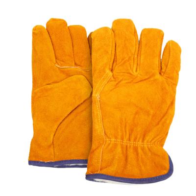 China Winter Fleece Lined Leather Gloves Yellow High Temperature BBQ Gloves 550°C CE Certified for sale