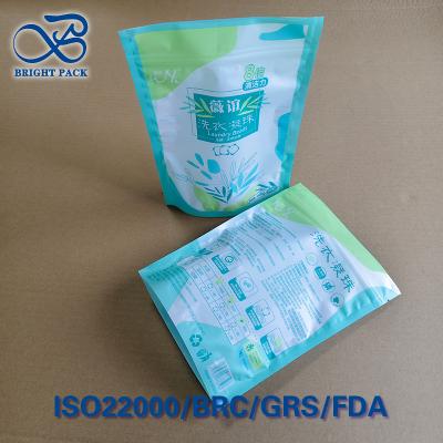 China Stand Up Tri Seal Bags for Washing Pods 100 300mm Width Resealable Zipper Clear Window for sale