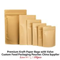 China Custom Kraft Paper Coffee Bags with One Way Valve 250g 1000g MOQ 100pcs for sale