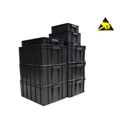 China ESD Container Permanent Antistatic Black Plastic Electronic Tote Conductive Carrying Case Storage Box with Lid 10^3-10^5 ohms for sale