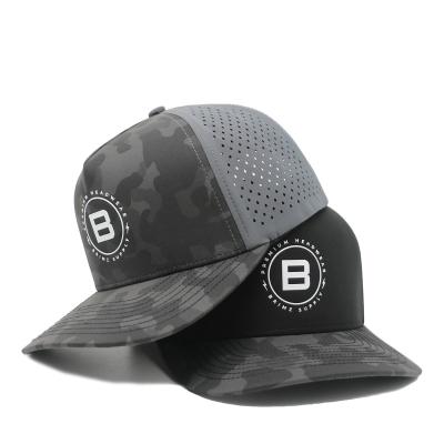 China Waterproof Rubber Logo Laser Cut Flat Bill 5 Panel Breathable Camo Golf Hat 56-60cm for sale