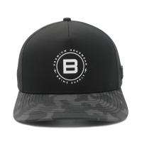 China Waterproof Rubber Logo Laser Cut Flat Bill 5 Panel Breathable Camo Golf Hat 56-60cm for sale