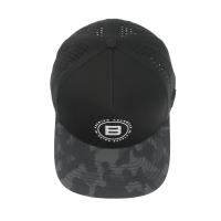 China Waterproof Rubber Logo Laser Cut Flat Bill 5 Panel Breathable Camo Golf Hat 56-60cm for sale