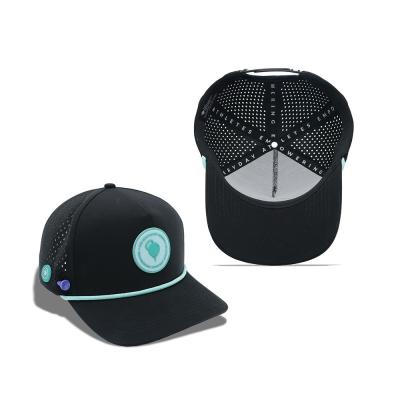 China Custom 6 Panel Rubber Patch Logo Waterproof Laser Cut Hole Sports Perforated Golf Hat for sale