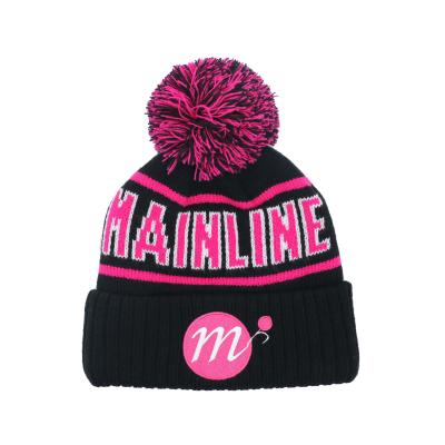 China Custom Acrylic Unisex Pompom Beanie Knit Hat with Fleece Lining 58cm Warm Winter Style for sale