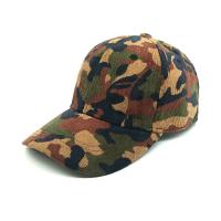 China Custom Embroidered 6 Panel Baseball Cap Pre Curved Brim Camo Corduroy 230gsm for sale
