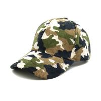 China Custom Embroidered 6 Panel Baseball Cap Pre Curved Brim Camo Corduroy 230gsm for sale