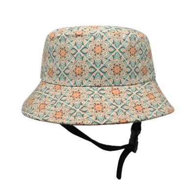 China Custom Printed Recycled Bucket Hat with Chin Strap Adjustable 58cm Unisex Waterproof Surf Hat for sale