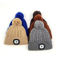 China Rechargeable LED Knitted Pom Pom Beanie Hat Custom Logo Winter Sports 100% RPET for sale