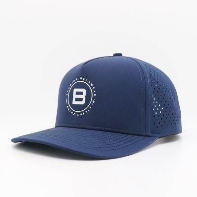 China Custom Laser Cut Hole Perforated 5 Panel Navy Golf Hat Breathable Waterproof Outdoor Sports Caps 58cm for sale