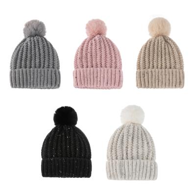 China Custom Kids Girls Winter Knitted Beanie Hat with Pom Pom Slouchy Design RPET Acrylic Wool for sale