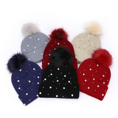 China Custom Knit Beanie with Pearl Beads Acrylic Cashmere Wool Winter Hat for Women Girls Bulk for sale