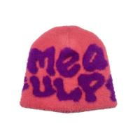 China Custom Winter Knitted Hat with Puff Printing Jacquard Faux Fur Mohair Beanie 100% Acrylic for sale