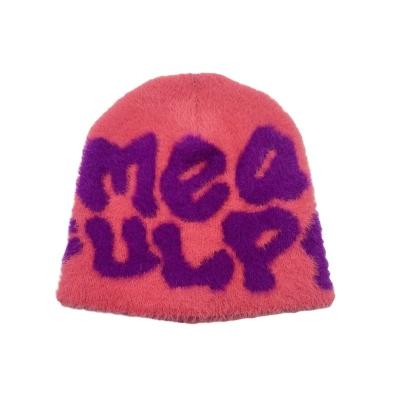 China Custom Winter Knitted Hat with Puff Printing Jacquard Faux Fur Mohair Beanie 100% Acrylic for sale