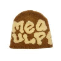 China Custom Winter Knitted Hat with Puff Printing Jacquard Faux Fur Mohair Beanie 100% Acrylic for sale