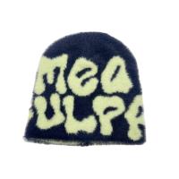 China Custom Winter Knitted Hat with Puff Printing Jacquard Faux Fur Mohair Beanie 100% Acrylic for sale