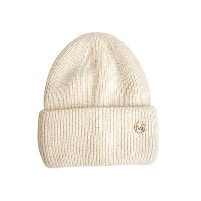 China Custom Women's Winter Beanie with Metal Logo Cotton Cashmere Wool Knitted Hat 100% Acrylic for sale