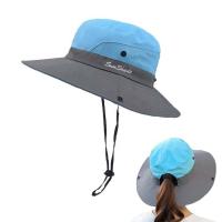China Women's Outdoor Ponytail Safari Sun Hat Foldable Mesh Wide Brim Bucket Hat Size 58cm for sale