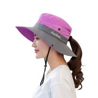 China Women's Outdoor Ponytail Safari Sun Hat Foldable Mesh Wide Brim Bucket Hat Size 58cm for sale