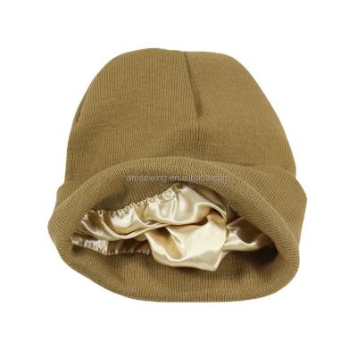 China Custom Logo Winter Knitted Beanie Hat with Satin Lining for Men Women 100 Acrylic for sale