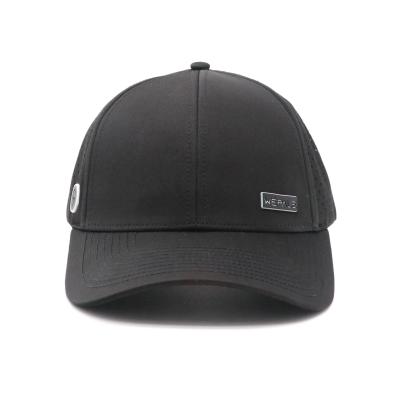 China Custom 6 Panel Structured PVC Rubber Patch Black Polyester Waterproof Baseball Cap 58cm for sale
