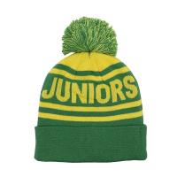 China Custom Embroidered Knitted Pompom Bobble Hats for Winter Sports Football 100 Acrylic for sale