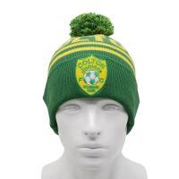 China Custom Embroidered Knitted Pompom Bobble Hats for Winter Sports Football 100 Acrylic for sale