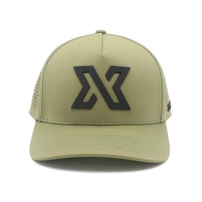 China Custom 5 Panel Hat Sonic Welding Emboss Rubber Patch Performance Camp Hat 58cm for sale