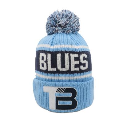 China Custom Knitted Beanie Hat 3D Embroidery Sports Football Pompom Winter Acrylic 23x23cm for sale