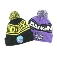 China Custom Knitted Beanie Hat 3D Embroidery Sports Football Pompom Winter Acrylic 23x23cm for sale