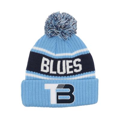 China Custom Logo Winter Knitted Bobble Hats Acrylic 58cm Soccer Beanie for Sports Fans for sale